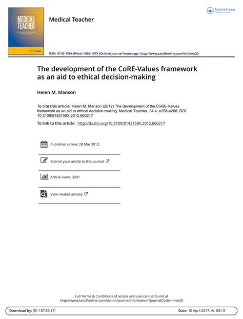 Pdf The Development Of The Core Values Framework As An Aid To Ethical Decision Making