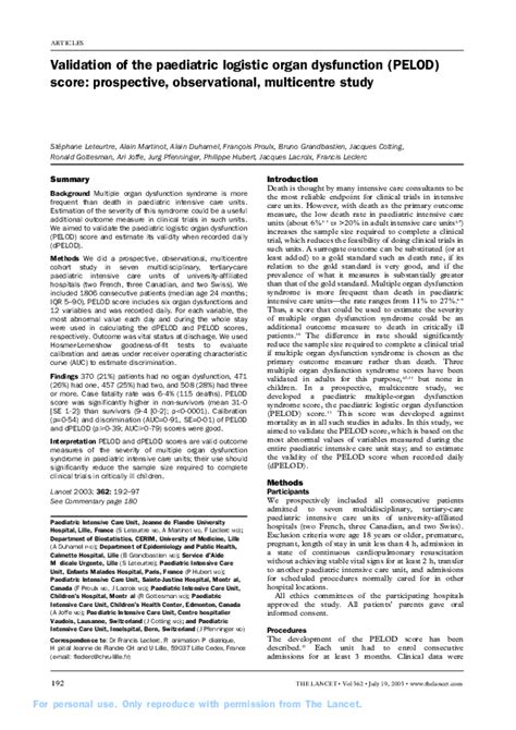 Pdf Validation Of The Paediatric Logistic Organ Dysfunction Pelod