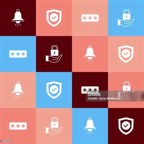 Set Pop Art Ringing Alarm Bell Shield With Check Mark Password