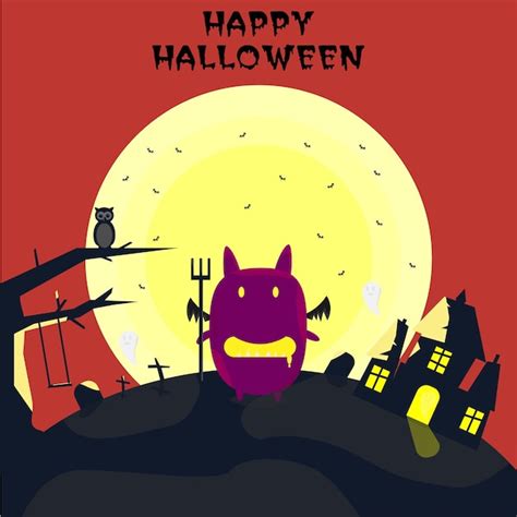 괴물 달 유령 박쥐가 있는 으스스한 할로윈 배경 프리미엄 벡터