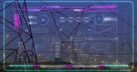 3d Tower Projecting Digital Hud Overlays At Dusk Highlighting Energy Data Across Field Stock