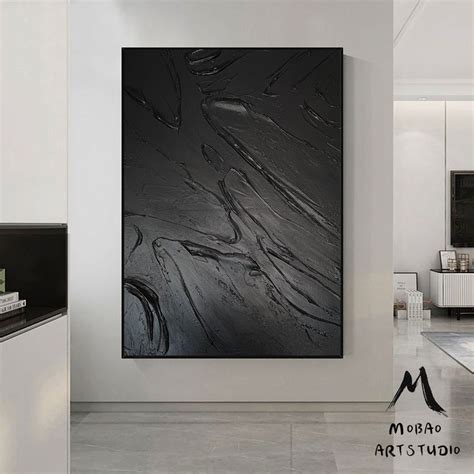 Large Black Abstract Painting Black Textured Wall Art Black Abstract