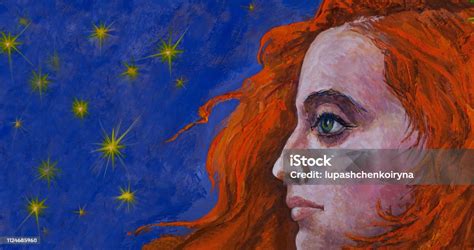 유행 그림 현대 미술 작품 내 원래 유화 캔버스 가로 세로 긴 붉은 머리와 녹색 눈을 가진 여자의 프로필을 저녁에 아이에 대한