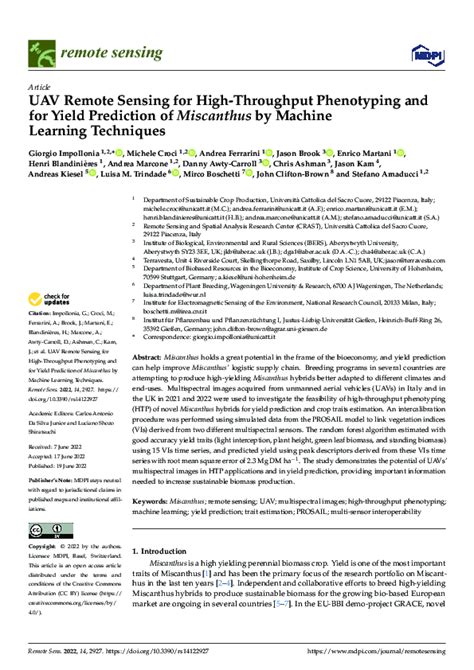 Pdf Uav Remote Sensing For High Throughput Phenotyping And For Yield Prediction Of Miscanthus