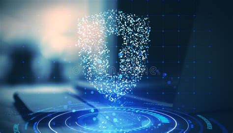 Digital Shield Composed Of Glowing Particles On A Futuristic Virtual Interface Background