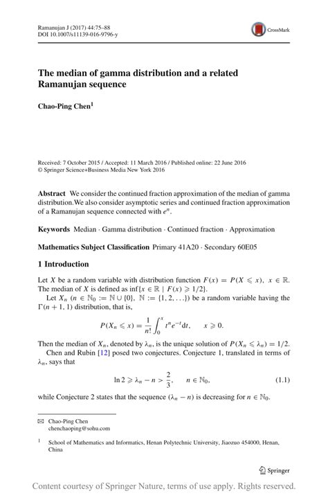 The Median Of Gamma Distribution And A Related Ramanujan Sequence