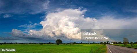 파노라마 일몰 하늘 푸른 논 위의 어두운 구름 검은 하늘 배경에 푹신한 구름 들판에 나무가 있는 여름 폭풍 전에 어두운 구름 위의 생생한 하늘 0명에 대한 스톡 사진 및