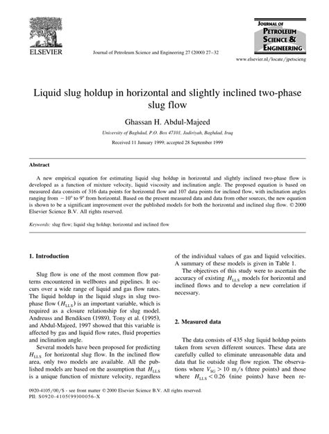 Pdf Liquid Slug Holdup In Horizontal And Slightly Inclined Two Phase