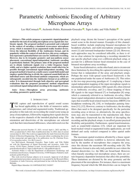 Pdf Parametric Ambisonic Encoding Of Arbitrary Microphone Arrays