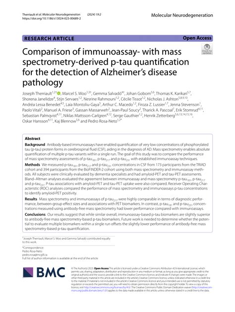 Pdf Comparison Of Immunoassay With Mass Spectrometry Derived P Tau Quantification For The