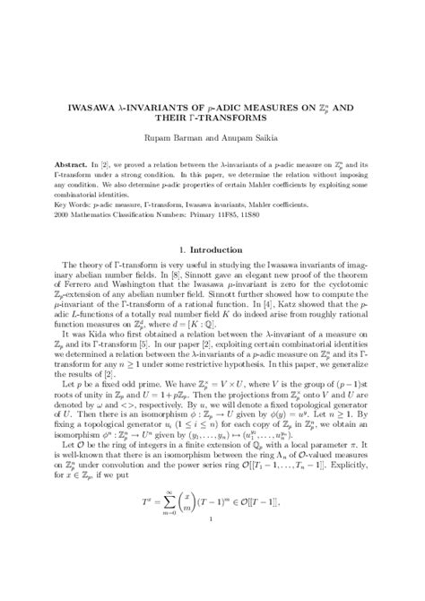 Pdf Iwasawa λ Invariants Of P Adic Measures On And Their Γ Transforms