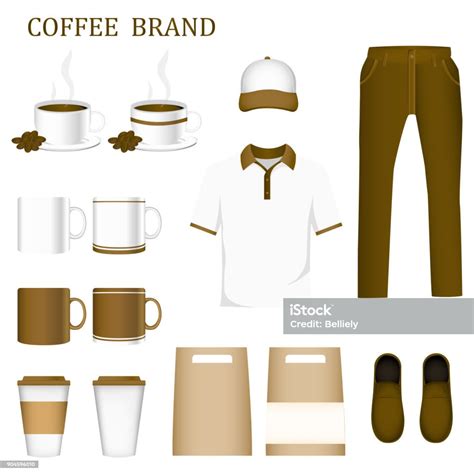 컬렉션 기업 Id를 설정 하 고 설정 제품 패키지 포함 유니폼 브랜드 이미지 보기 좋은 디자인 개념 커피 브랜드 그림 창조 디자인 디자인에 대 한 여기 로고 벡터 0명에