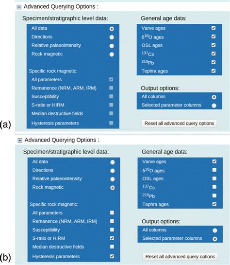 examples of the advanced query form with a default options and b