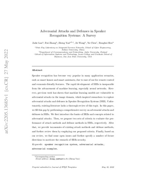 Pdf Adversarial Attacks And Defenses In Speaker Recognition Systems A Survey
