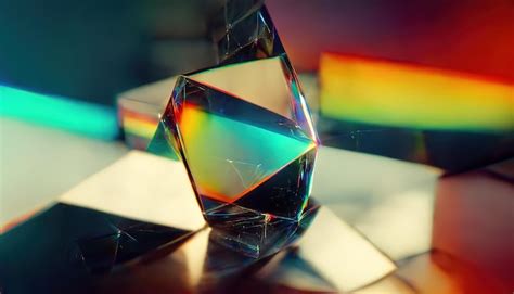 컬러 스펙트럼 광선이 있는 유리 결정과 프리즘 추상 광학 예술 배경 3d 그림 프리미엄 사진