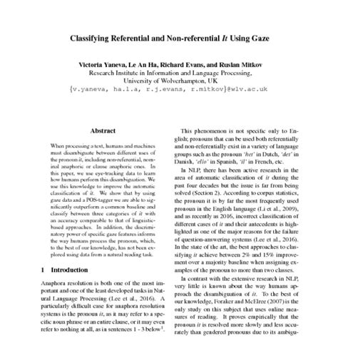 Classifying Referential And Non Referential It Using Gaze Acl Anthology