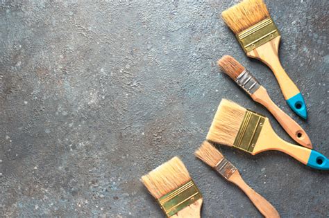 회색 시멘트 배경에 그리기 도구 페인트 브러시 상단보기 사진 갈색에 대한 스톡 사진 및 기타 이미지 갈색 개체 그룹 거친 Istock