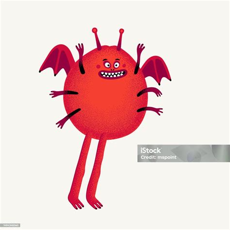 귀여운 만화 벡터 괴물입니다 날개와 점묘 질감을 가진 레드 몬스터 캐릭터 벡터 굵은 현대 스타일로 손으로 그린 그림입니다 0명에 대한 스톡 벡터 아트 및 기타 이미지