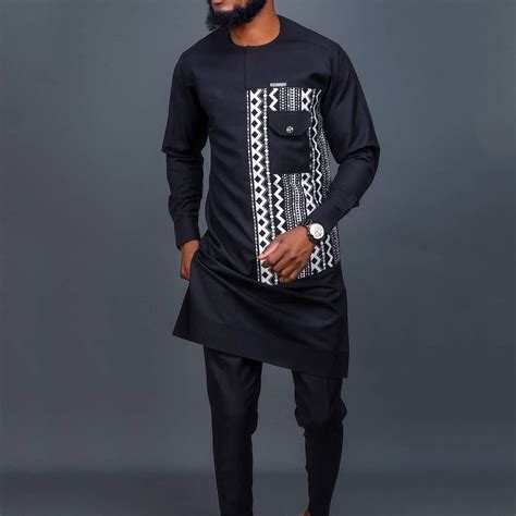 Mens Traditional African Dashiki Long Sleeve 2 Piece Set Striped Shirt