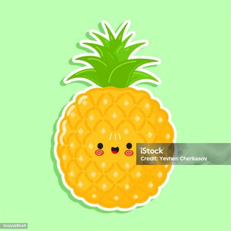 귀여운 재미있는 파인애플 스티커 캐릭터 벡터 손으로 그린 만화 Kawaii 캐릭터 그림 아이콘입니다 녹색 배경에 격리 파인애플