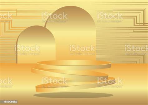 골드 제품 디스플레이 벡터 3d 황금 방 실린더 받침대 연단 프레젠테이션을 위한 무대 쇼케이스 미래 공상 과학 최소한의 기하학적 형태 빈 장면 3차원 형태에 대한 스톡 벡터