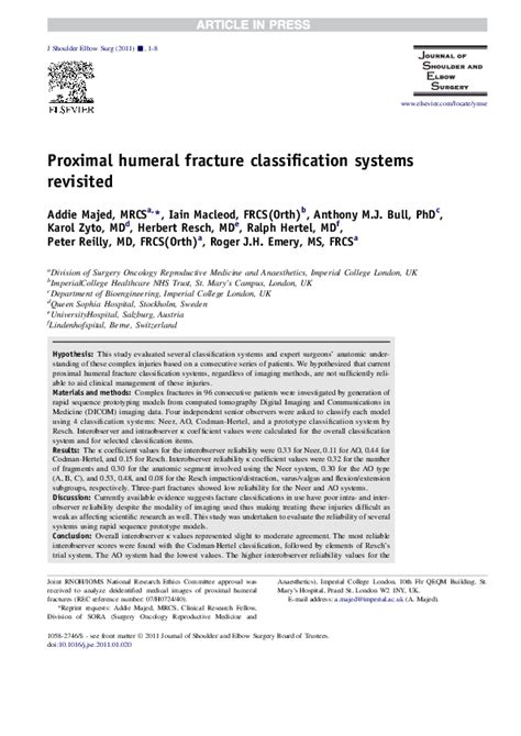 Pdf Proximal Humeral Fracture Classification Systems Revisited