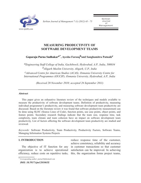 Pdf Measuring Productivity Of Software Development Teams