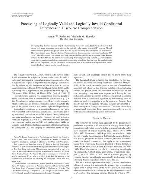 Pdf Processing Of Logically Valid And Logically Invalid Conditional Inferences In Discourse