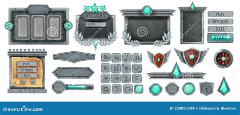 Stone Ui Game Set Rock Interface Vector Frame Kit Gray Boulder Tile Buttons Medieval Winner