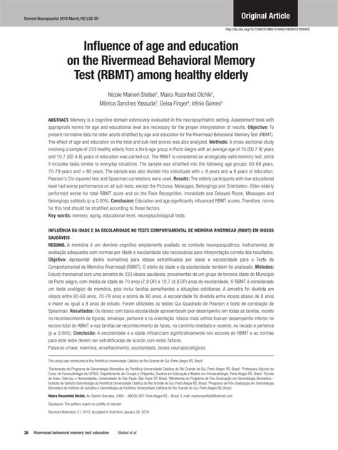 Pdf Influence Of Age And Education On The Rivermead Behavioral Memory