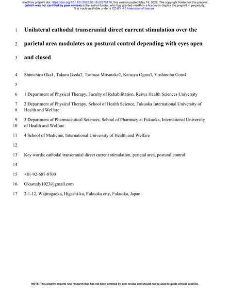 Pdf Unilateral Cathodal Transcranial Direct Current Stimulation Over The Parietal Area