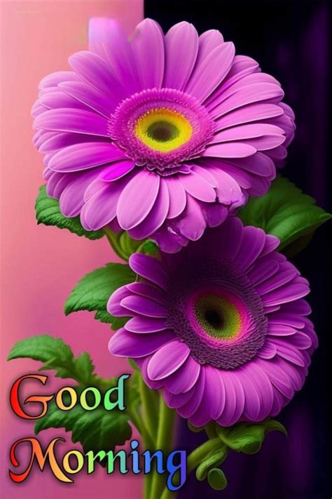 Two Purple Flowers With The Words Good Morning On It And An Image Of Three Pink Daisies