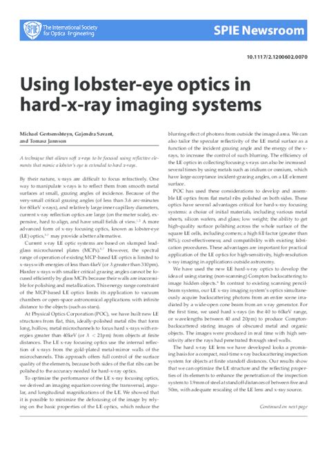 Pdf Using Lobster Eye Optics In Hard X Ray Imaging Systems