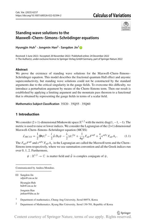 Standing Wave Solutions To The Maxwellchernsimonsschrödinger Equations Request Pdf