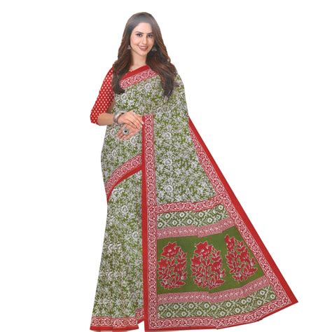 Sari De Algodão Verde E Vermelho Geeta Loja Maior Loja Indiana Do Brasil