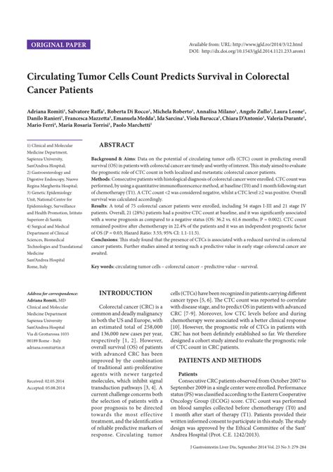 Pdf Circulating Tumor Cells Count Predicts Survival In Colorectal Cancer Patients