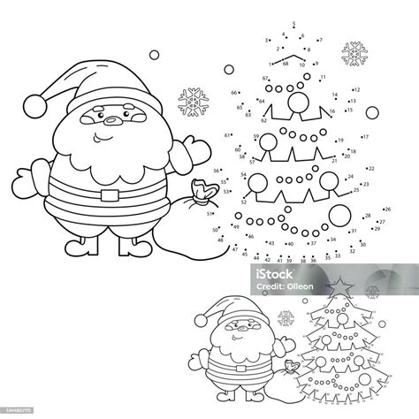 아이들을위한 퍼즐 게임 숫자 게임 산타 클로스와 크리스마스 트리의 색칠 페이지 개요 새해 크리스마스 어린이를위한 색칠 공부 겨울에 대한 스톡 벡터 아트 및 기타 이미지