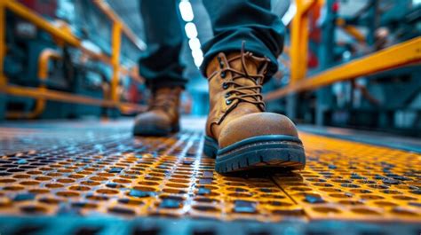 A Closeup View Of Durable Worker Boots On A Metal Grate In An Industrial Environment