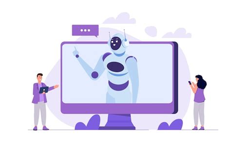 챗봇 개념 로봇과 대화하는 남자 고객 지원 서비스 안드로이드 인공 지능 대화 상자 프리미엄 벡터