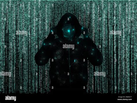 Silhouette Of Anonymous Hacker And Digital Binary Code On Dark Background Cyber Attack Concept