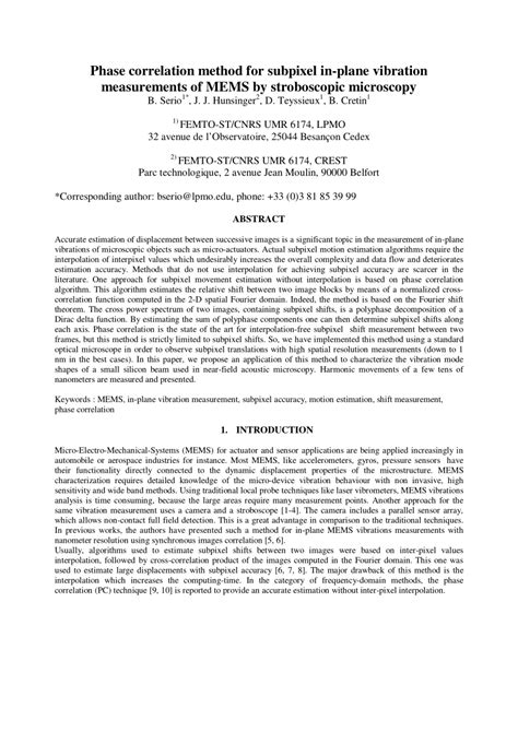 pdf phase correlation method for subpixel in plane vibration measurements of mems by