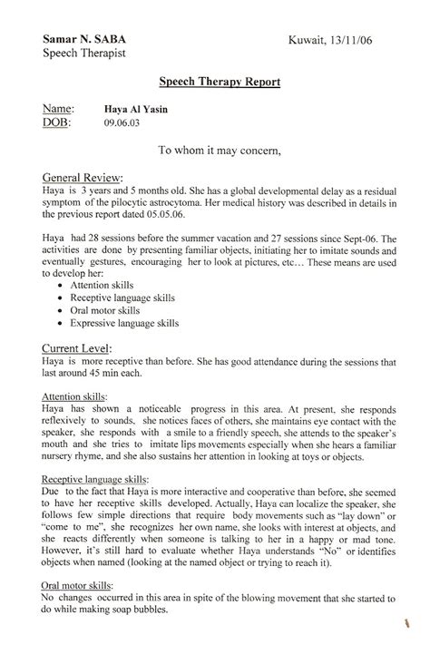 Speech Therapy Progress Report Template Williamson