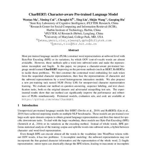 Charbert Character Aware Pre Trained Language Model Acl Anthology