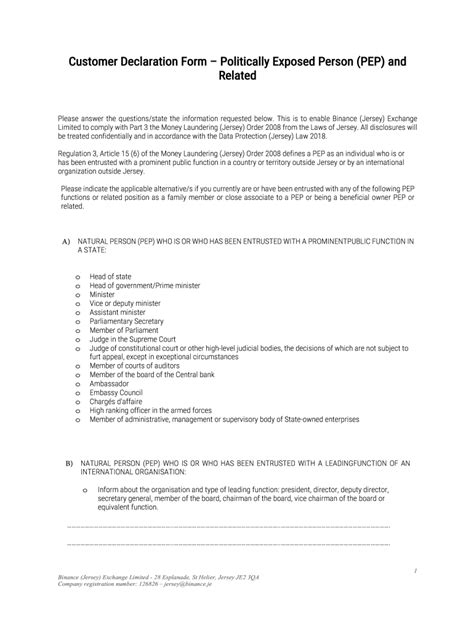 Fillable Online Customer Declaration Form Politically Exposed Person