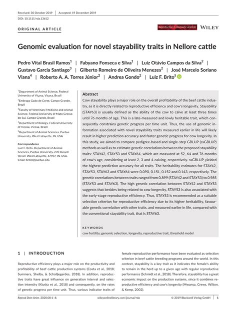 Pdf Genomic Evaluation For Novel Stayability Traits In Nellore Cattle