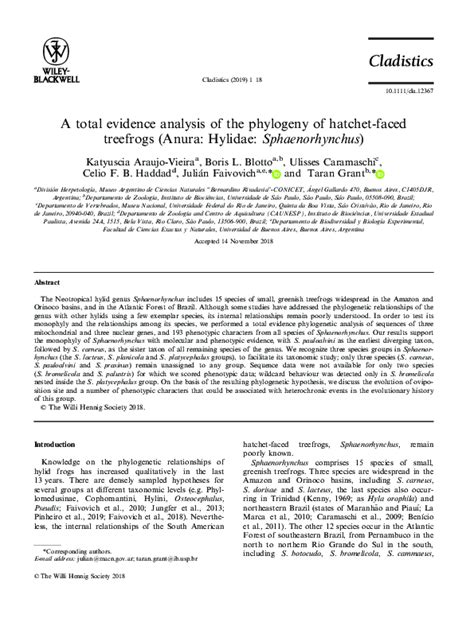 Pdf A Total Evidence Analysis Of The Phylogeny Of Hatchet‐faced Treefrogs Anura Hylidae