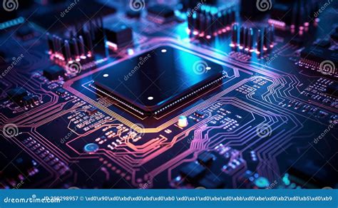 Closed Up Of Cpu On The Circuit Board With Purple Lighting Technology Generative Ai Stock Image