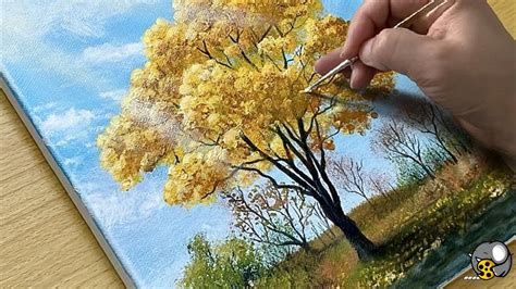 نحوه ترسیم منظره صبح پاییز نقاشی اکریلیک فیلو