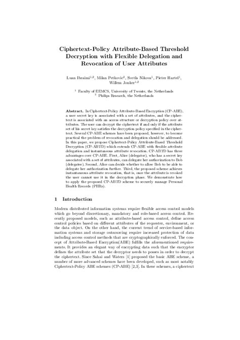 Pdf Ciphertext Policy Attribute Based Threshold Decryption With Flexible Delegation And