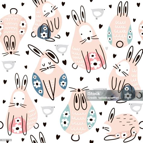 원활한 유치 한 패턴 몸에 꽃 요소와 귀여운 토끼 포장 섬유 벽지 의류 직물에 대 한 크리에이 티브 아이 텍스처 벡터 일러스트 레이 션 0명에 대한 스톡 벡터 아트 및 기타